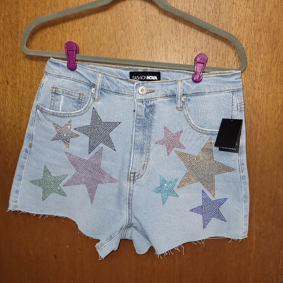 Fashion Nova | Shorts | Nwt Super Cute Highrise Rhinestone Light Denim ...